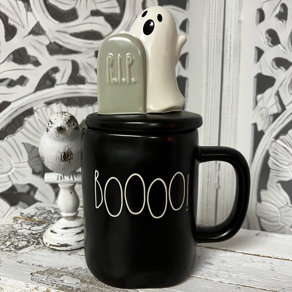 Rae Dunn | Dining | Rae Dunn Halloween Black Lidded Mug With Ghost Tombstone Topper Boooo | Poshmark
